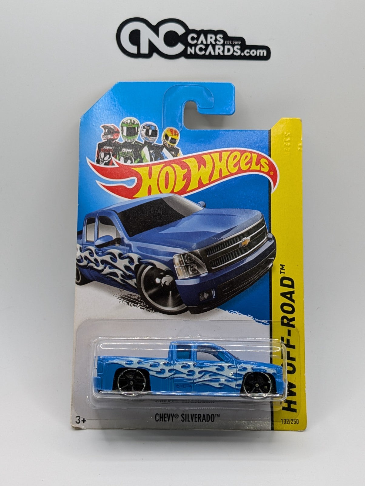 2014 Hot Wheels HW Off Road Chevy Silverado Blue Flames 132/250 (Soft – Cars N Cards