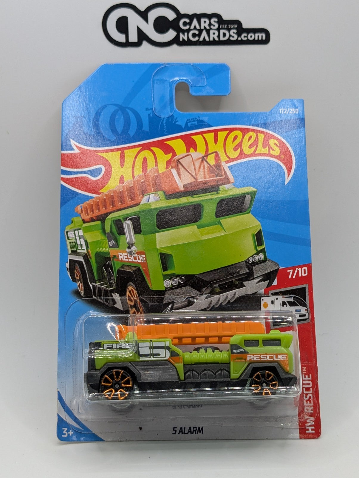 Hot Wheels HW Rescue 7/10 5 Alarm Green Fire Truck 172/250 (Card Damag ...
